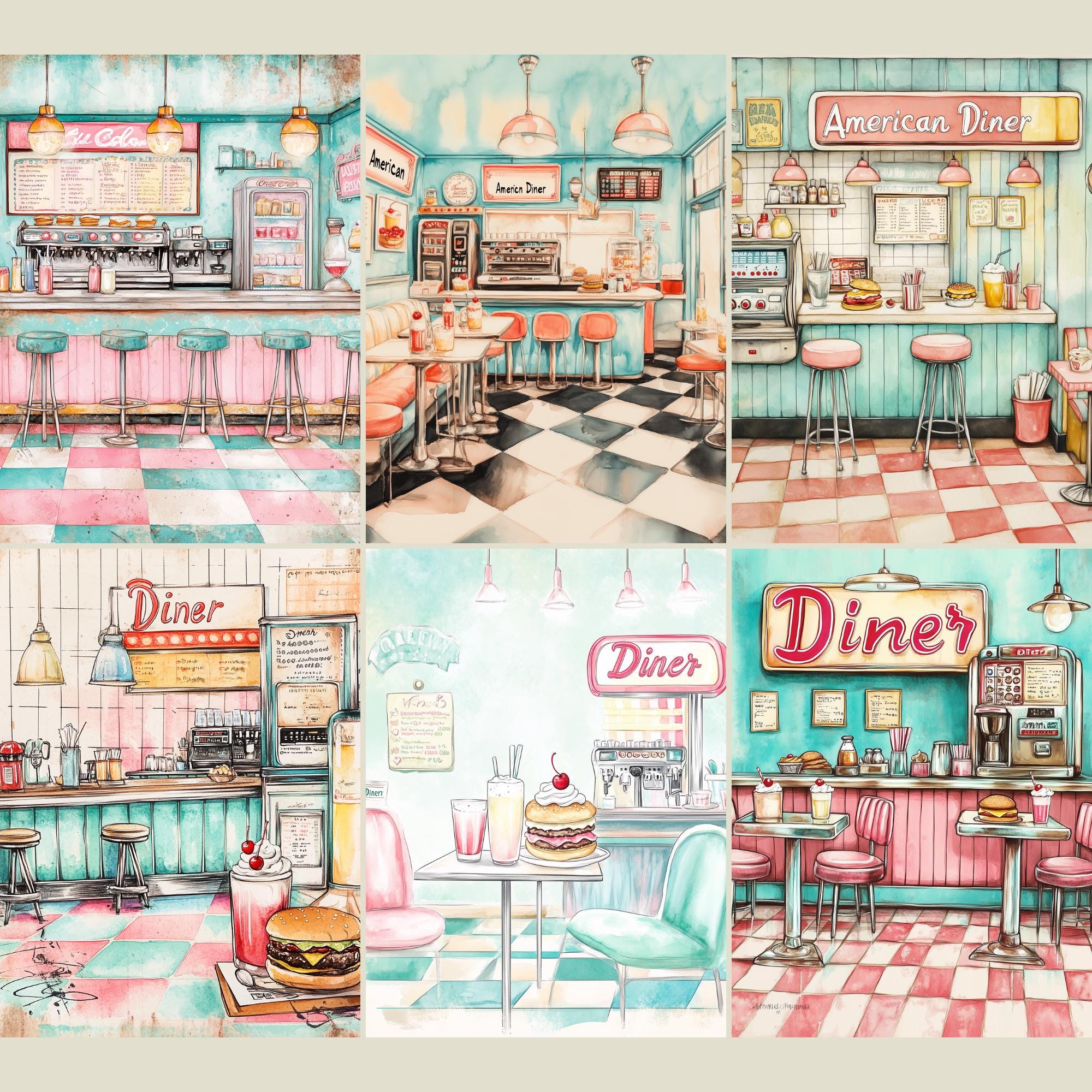 50s Diner Paper Pack, Printable Junk Journal Pages, American Diner ...