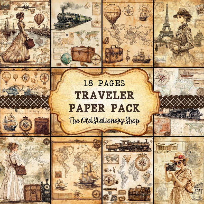 Vintage Traveler Paper Pack, Set of 18 Printable Junk Journal Pages ...