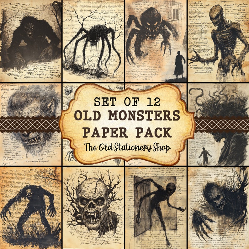 Monsters Paper Pack, Vintage Halloween Junk Journal Pages, Horror ...