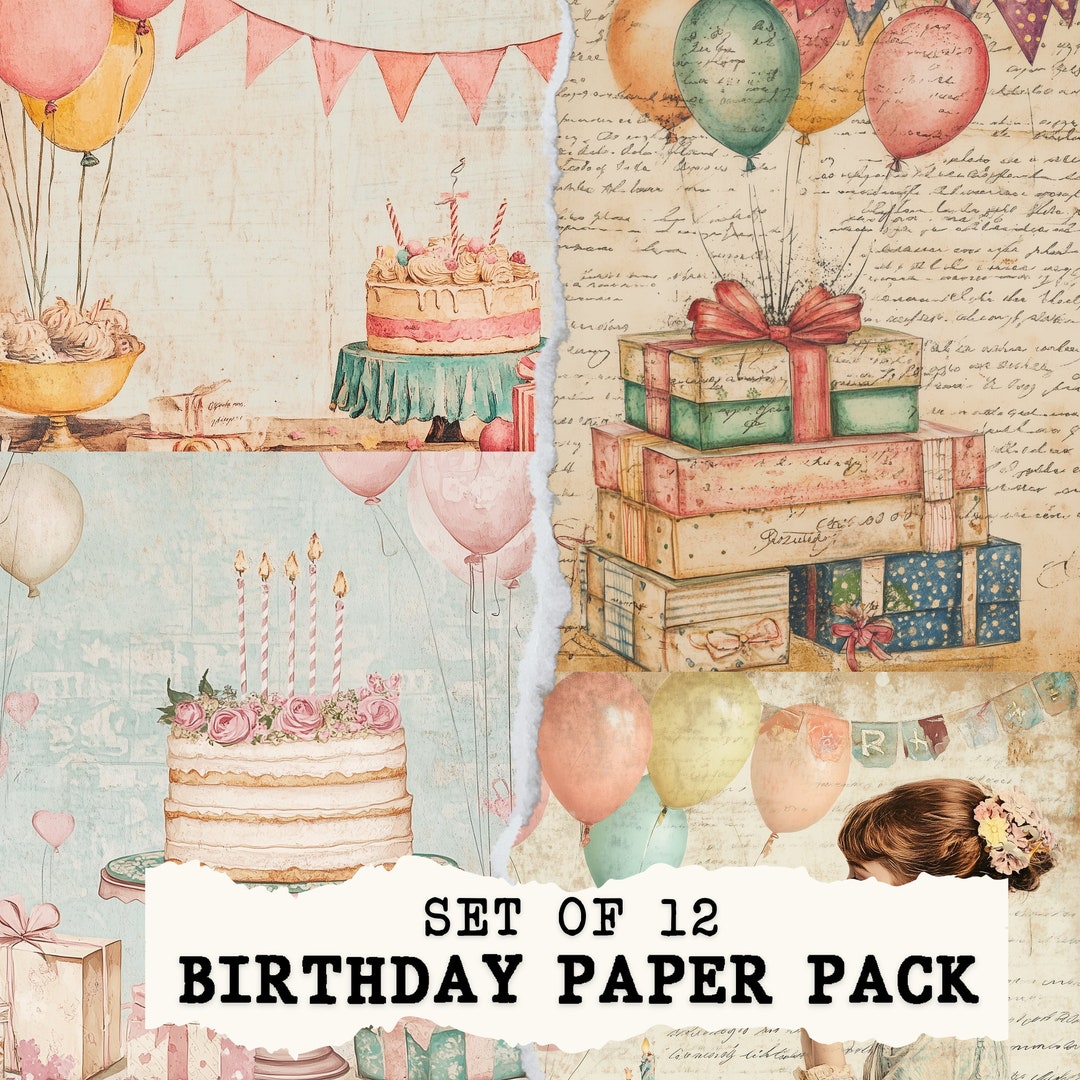 Birthday Paper Pack Vintage Junk Journal Cute Printable Pages Colorful ...