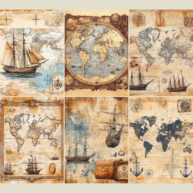 Vintage Maps Paper Pack, Set of 18 Printable Junk Journal Pages ...