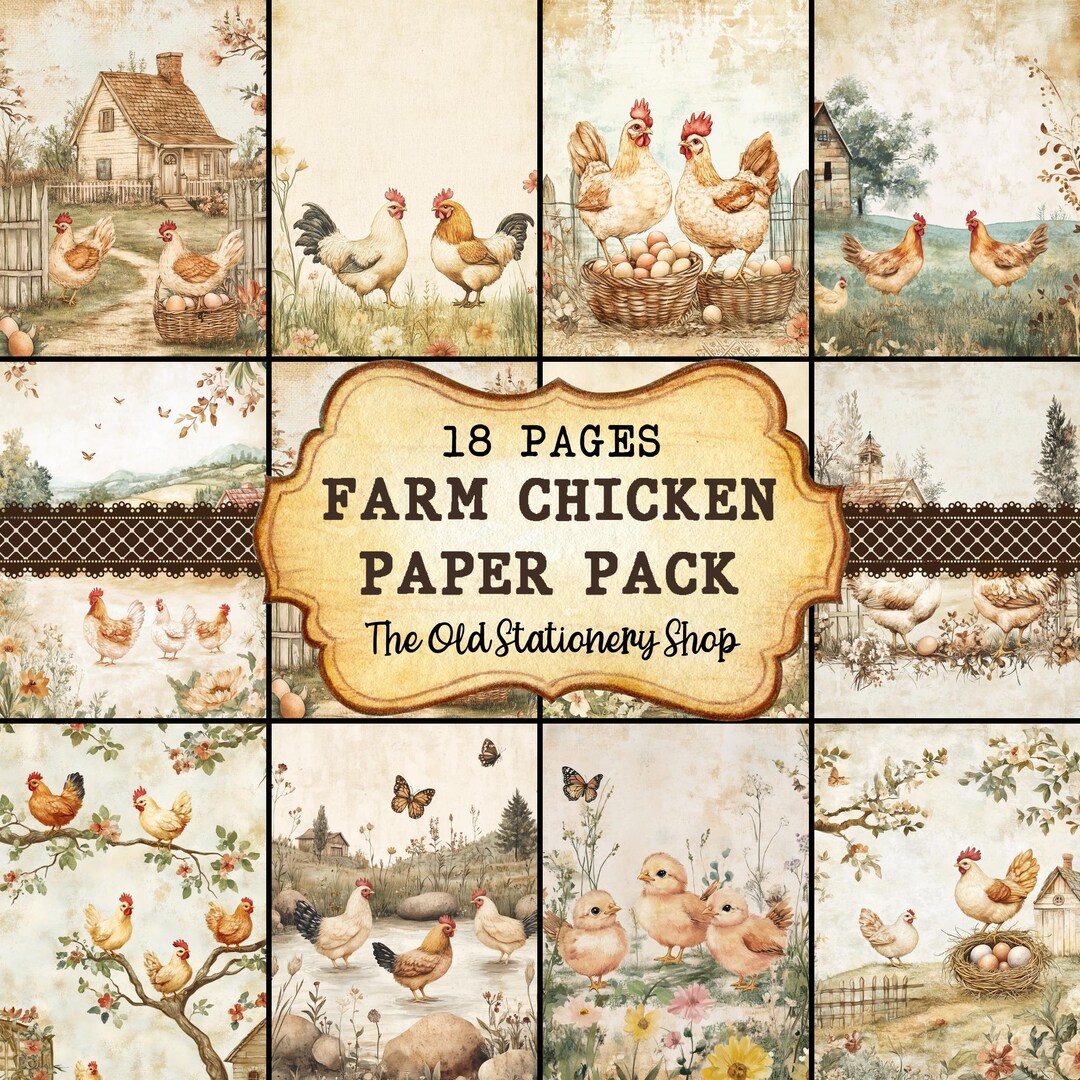 Farm Chicken Paper Pack, Printable Vintage Junk Journal Pages, Chicken ...