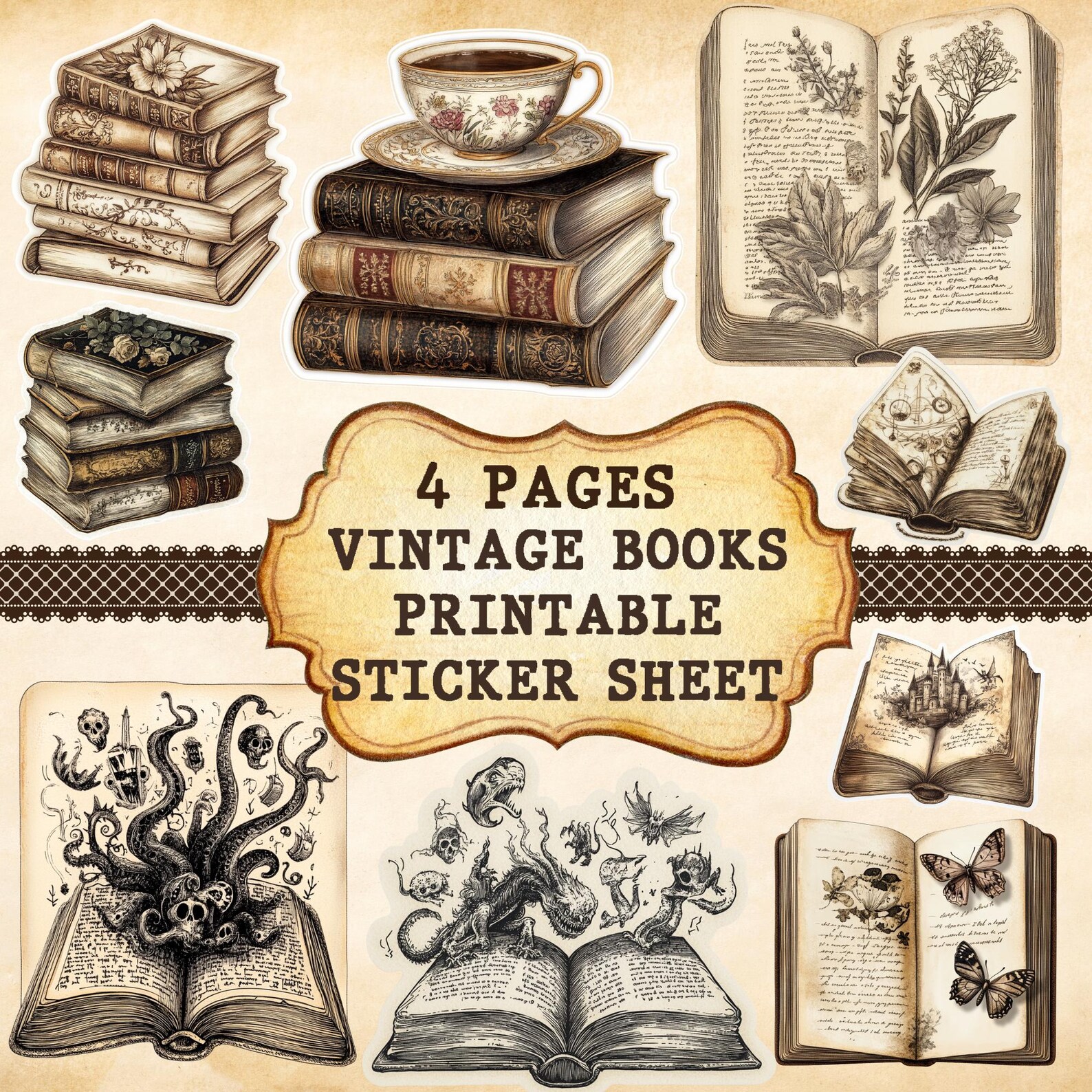 Vintage Book Stickers, 4 Pages Printable Stickers, Bookish Junk Journal ...