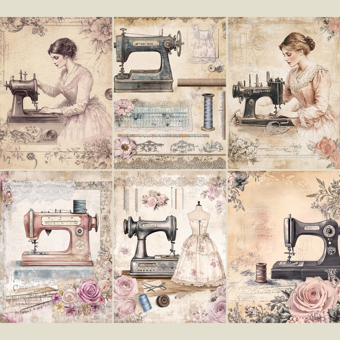 Vintage Sewing Machine Paper Pack, Set of 18 Printable Junk Journal ...