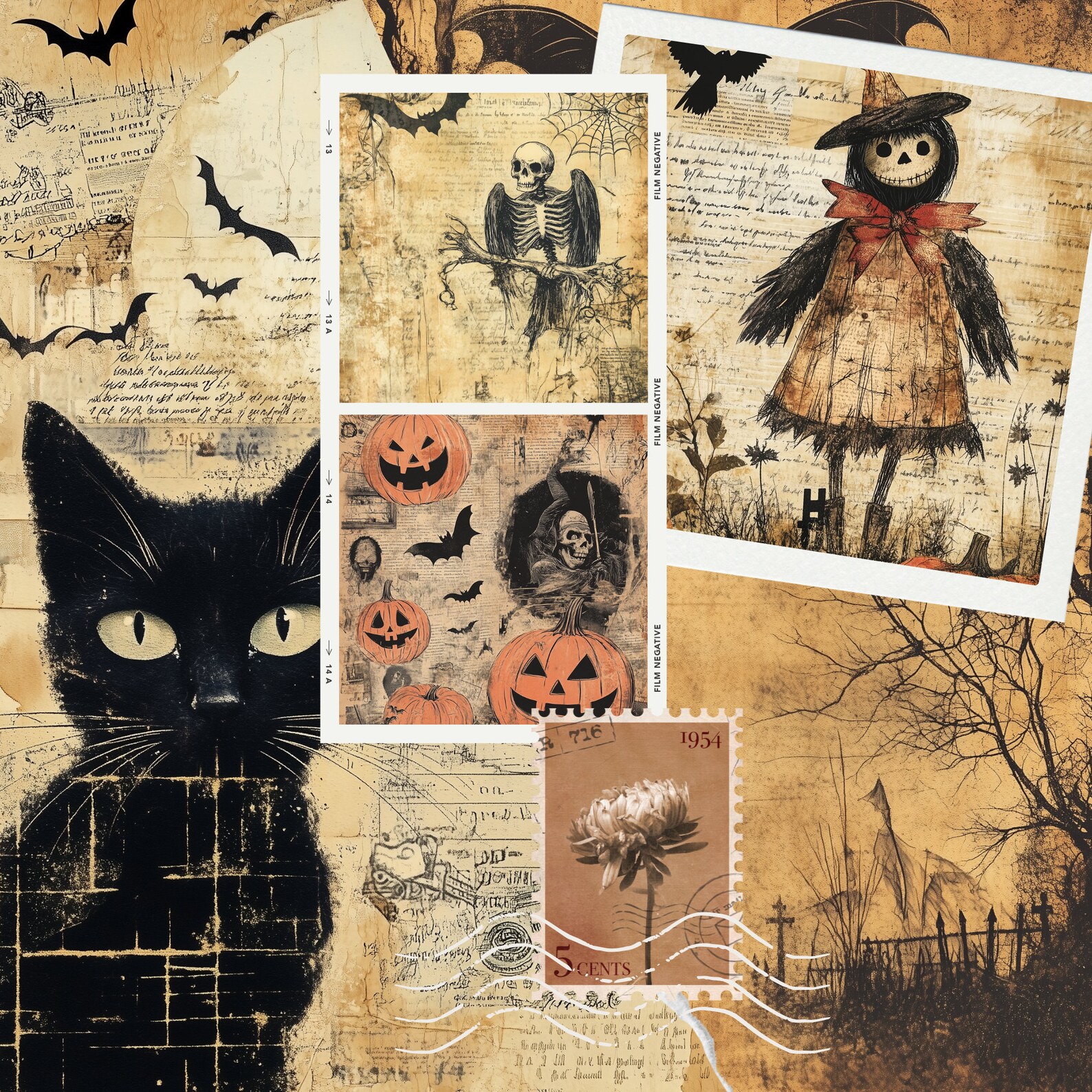 Halloween Paper Pack, Set of 12 Printable Stationery Sheets, Vintage ...