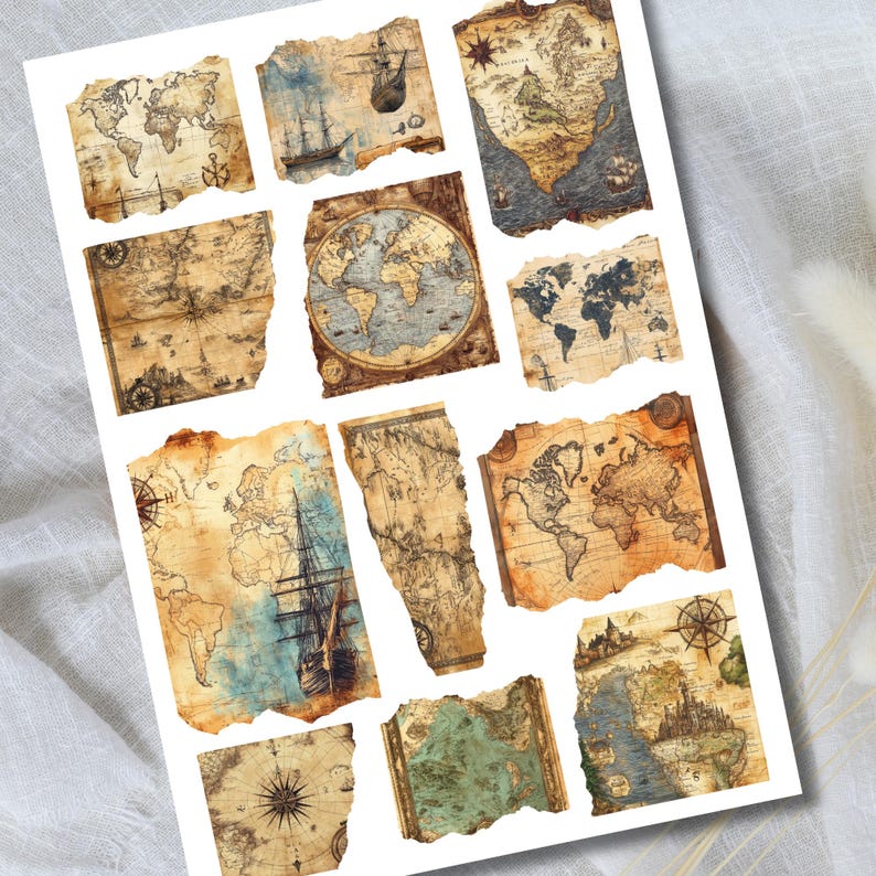 Vintage Maps Printable Ephemera, 5 Sheets Stickers Scraps Stamps ...
