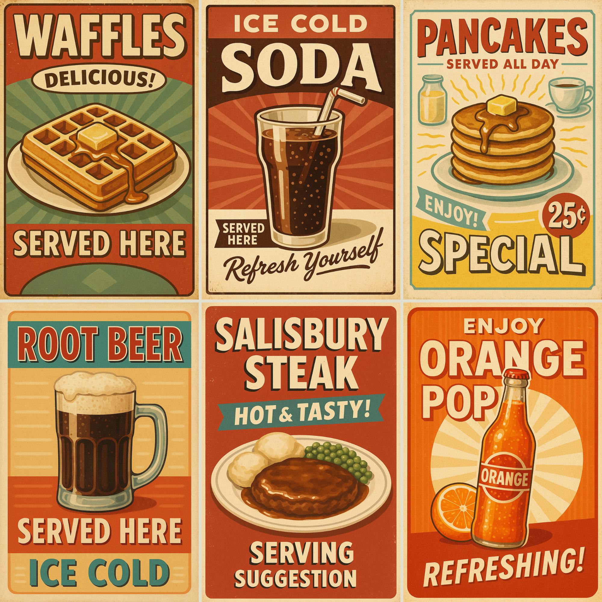 Retro Diner Posters Paper Pack, Printable Junk Journal Pages, 1950's ...