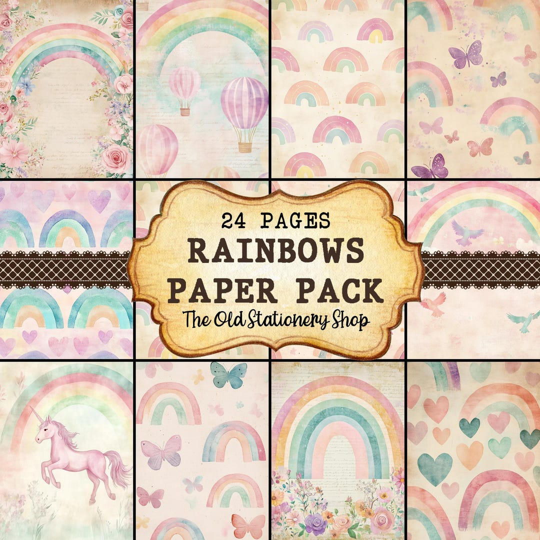 Shabby Rainbows Digital Paper Pack, 24 Pages Printable Junk Journal ...
