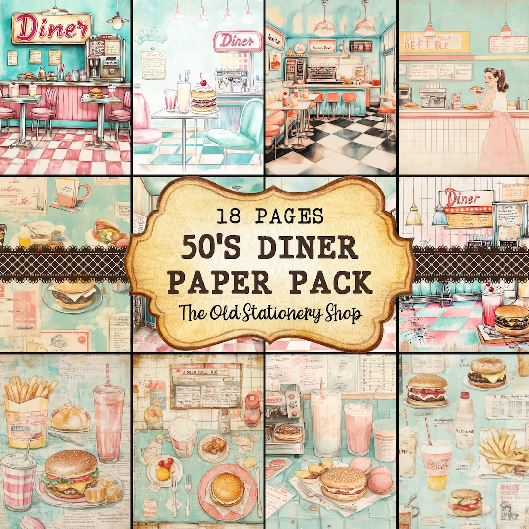 50s Diner Paper Pack, Printable Junk Journal Pages, American Diner ...
