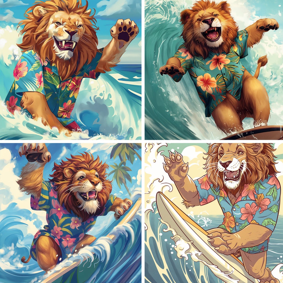 Surfer Lion Printable Lion Wall Art Print Funny Beach House Print Cute ...
