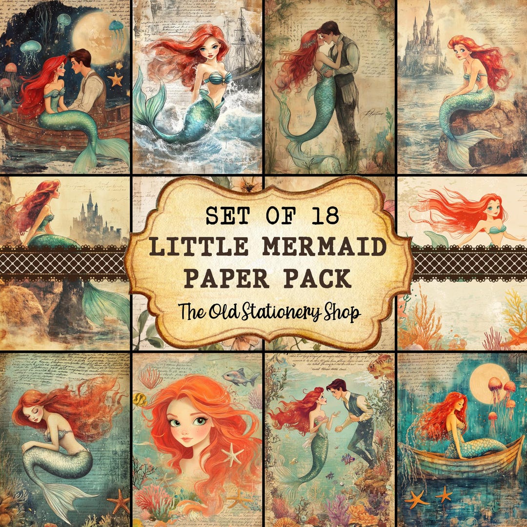 Little Mermaid Paper Pack, 18 Pages Vintage Fairytale Printable Junk ...