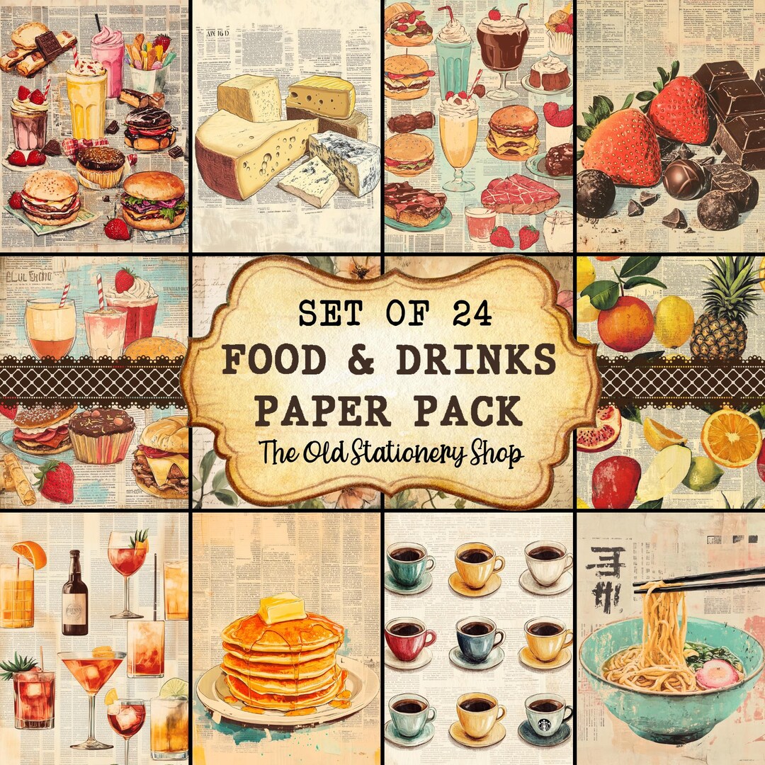 Food & Drinks Paper Pack - 24 Pages Printable Junk Journal Vintage ...