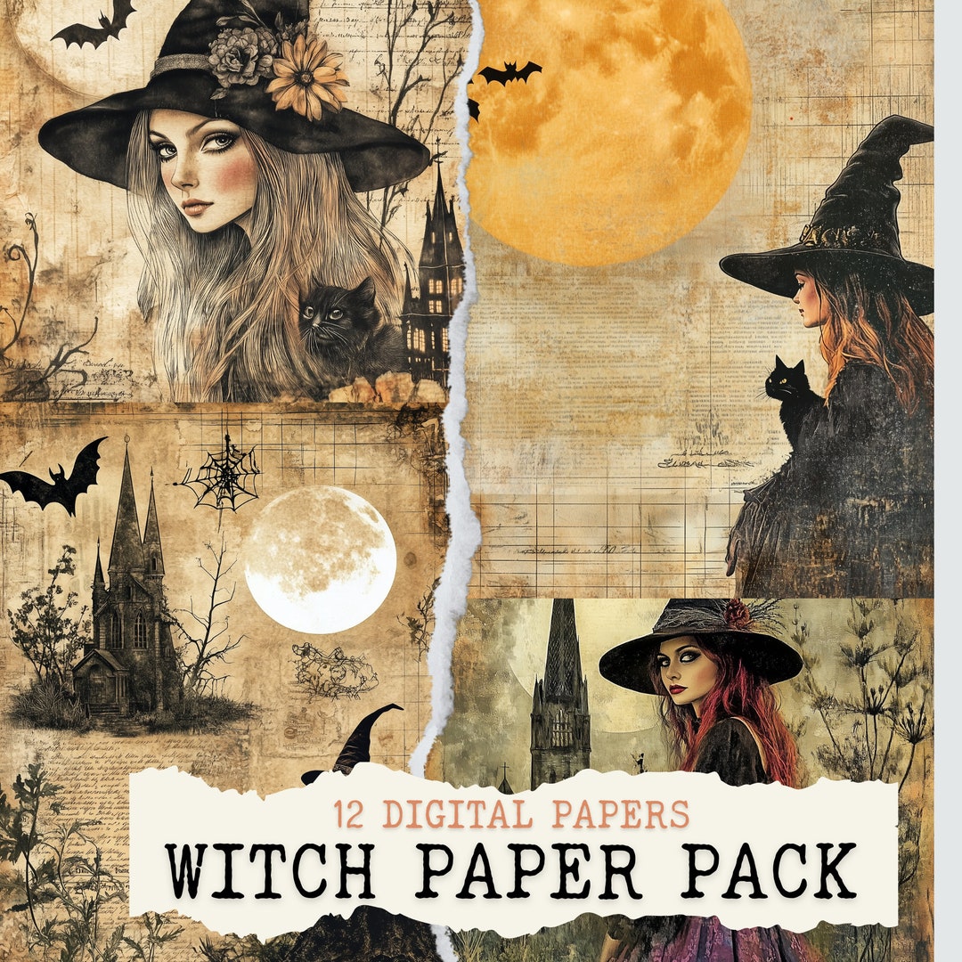 Witch Paper Pack, Set of 12 Printable Stationery Sheets, Vintage ...