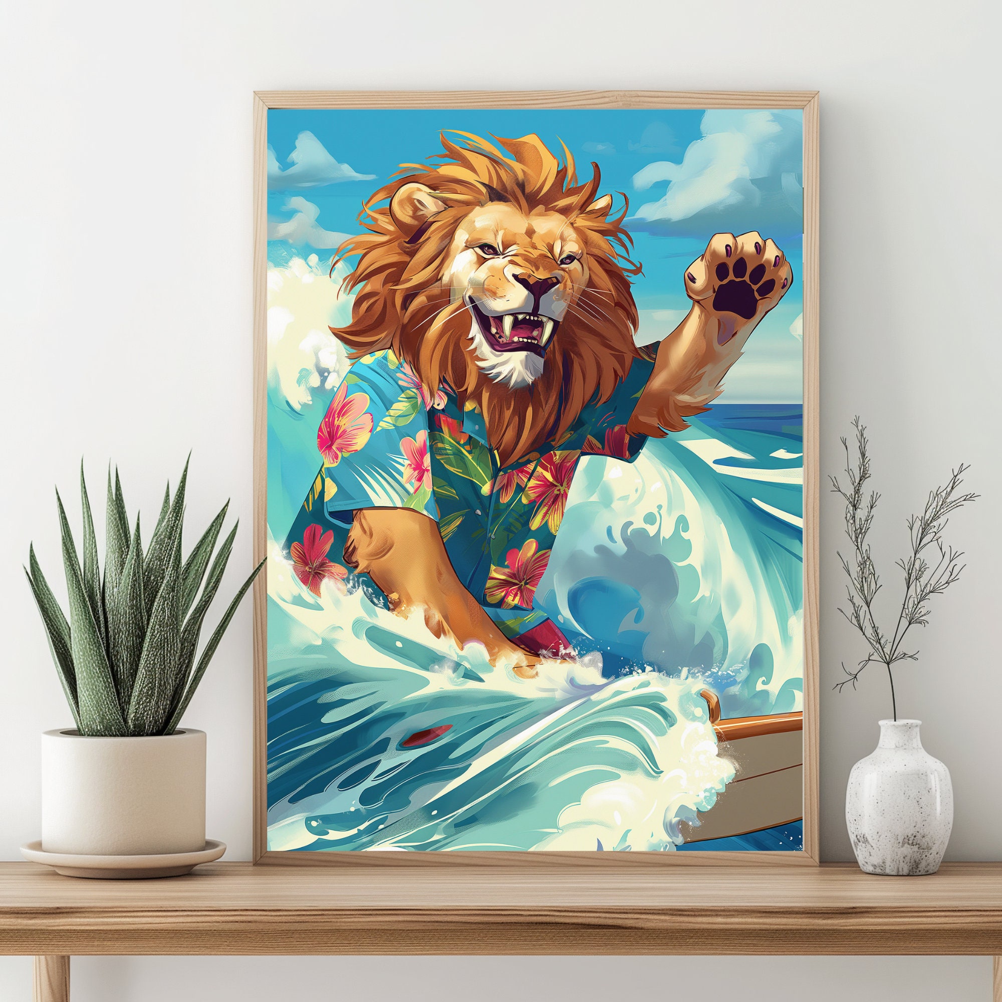 Surfer Lion Printable Lion Wall Art Print Funny Beach House Print Cute ...