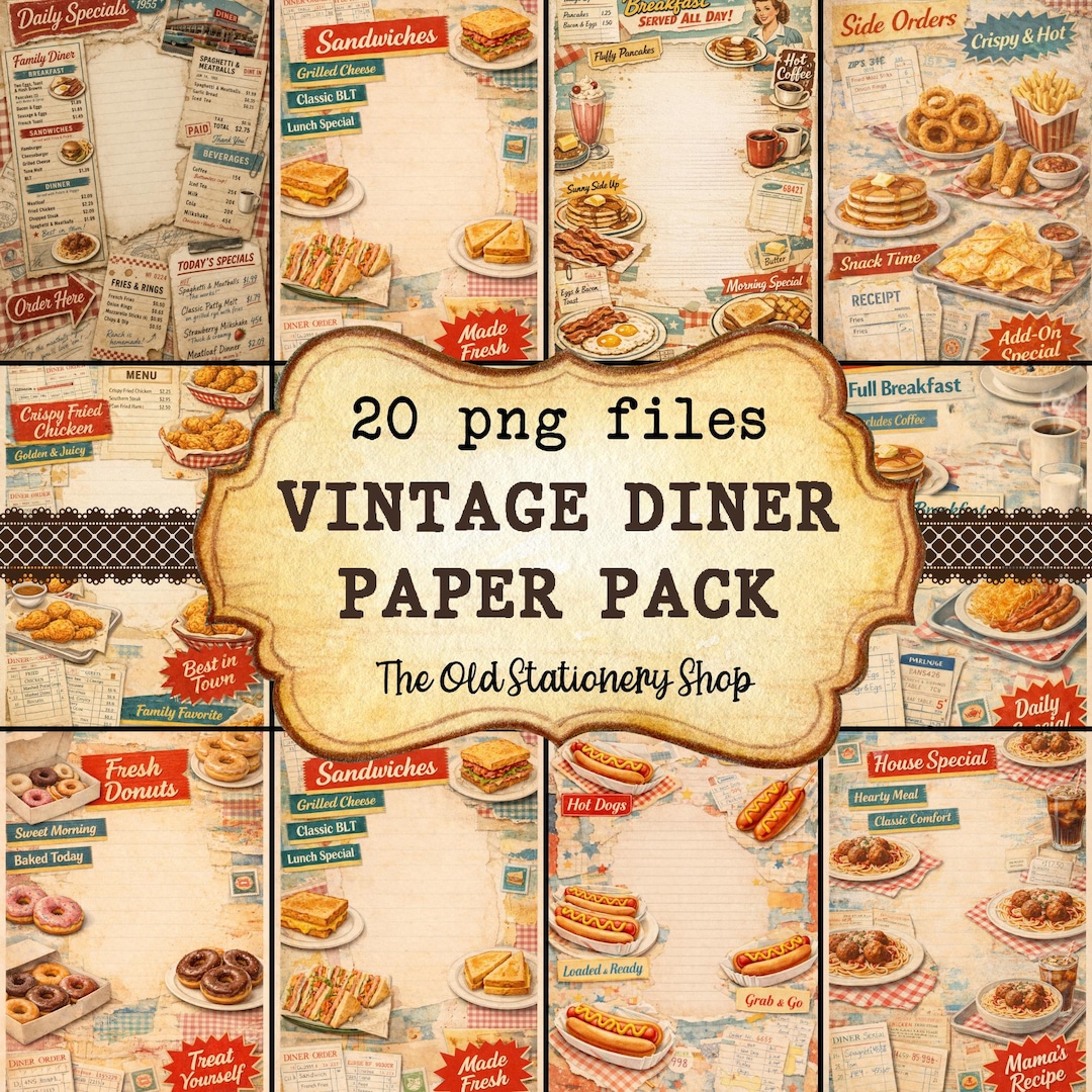 Vintage Diner Paper Pack, Printable Junk Journal Pages, 1950's Retro ...