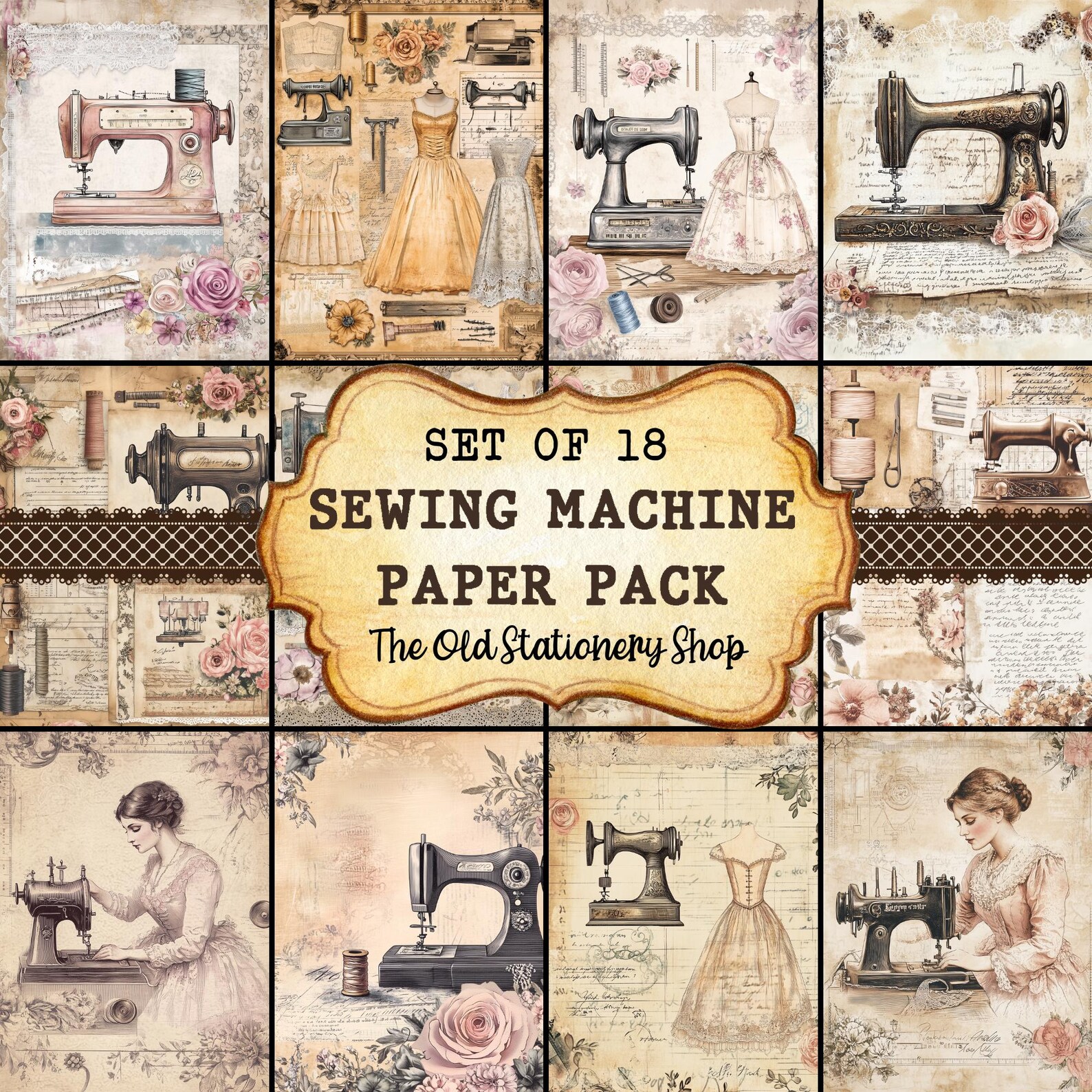 Vintage Sewing Machine Paper Pack, Set of 18 Printable Junk Journal ...