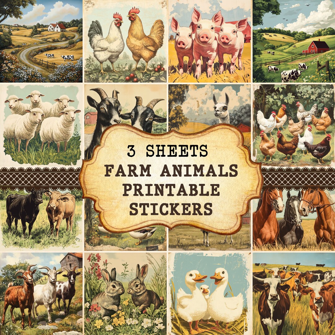 Farm Animals Printable Sticker Sheets Vintage Junk Journal Printable ...