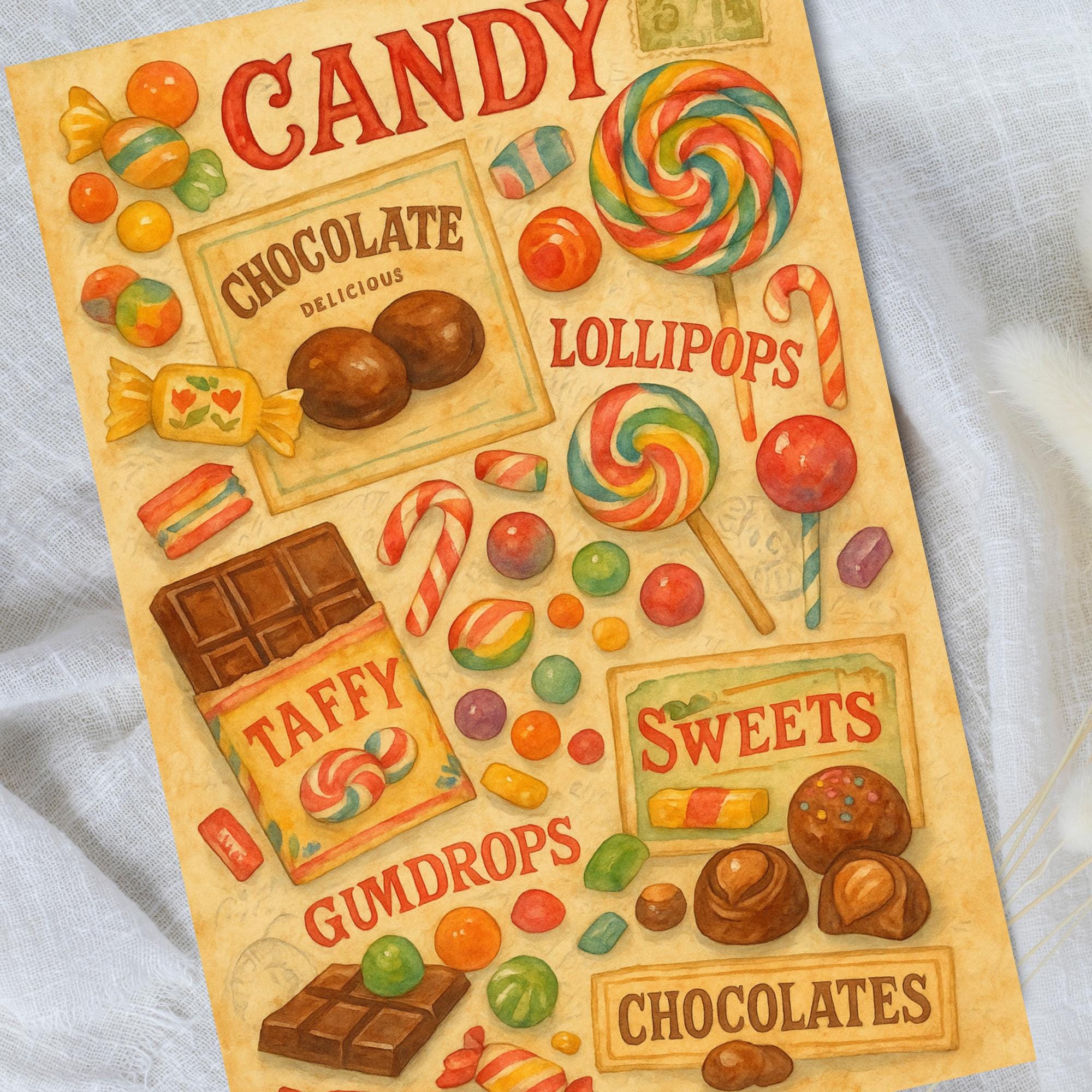 Vintage Candies Paper Pack, 20 Pages Printable Junk Journal, Chocolate ...