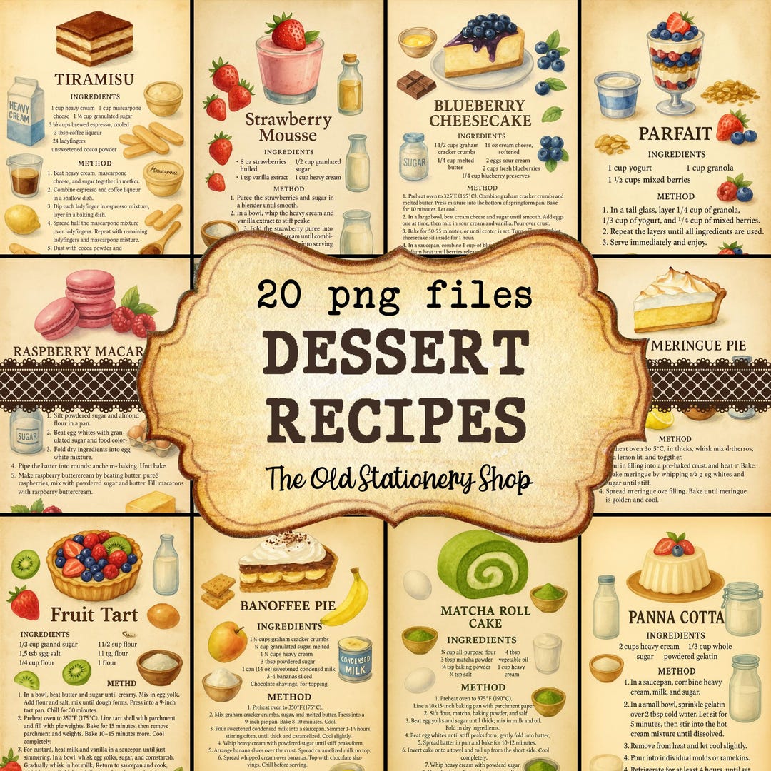 Dessert Recipes Paper Pack, 20 Pages Printable Kitchen Junk Journal ...