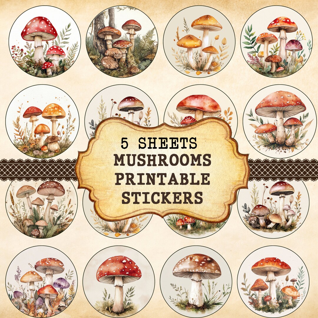 Printable Mushroom Sticker Sheets A4, Vintage Junk Journal Printable ...