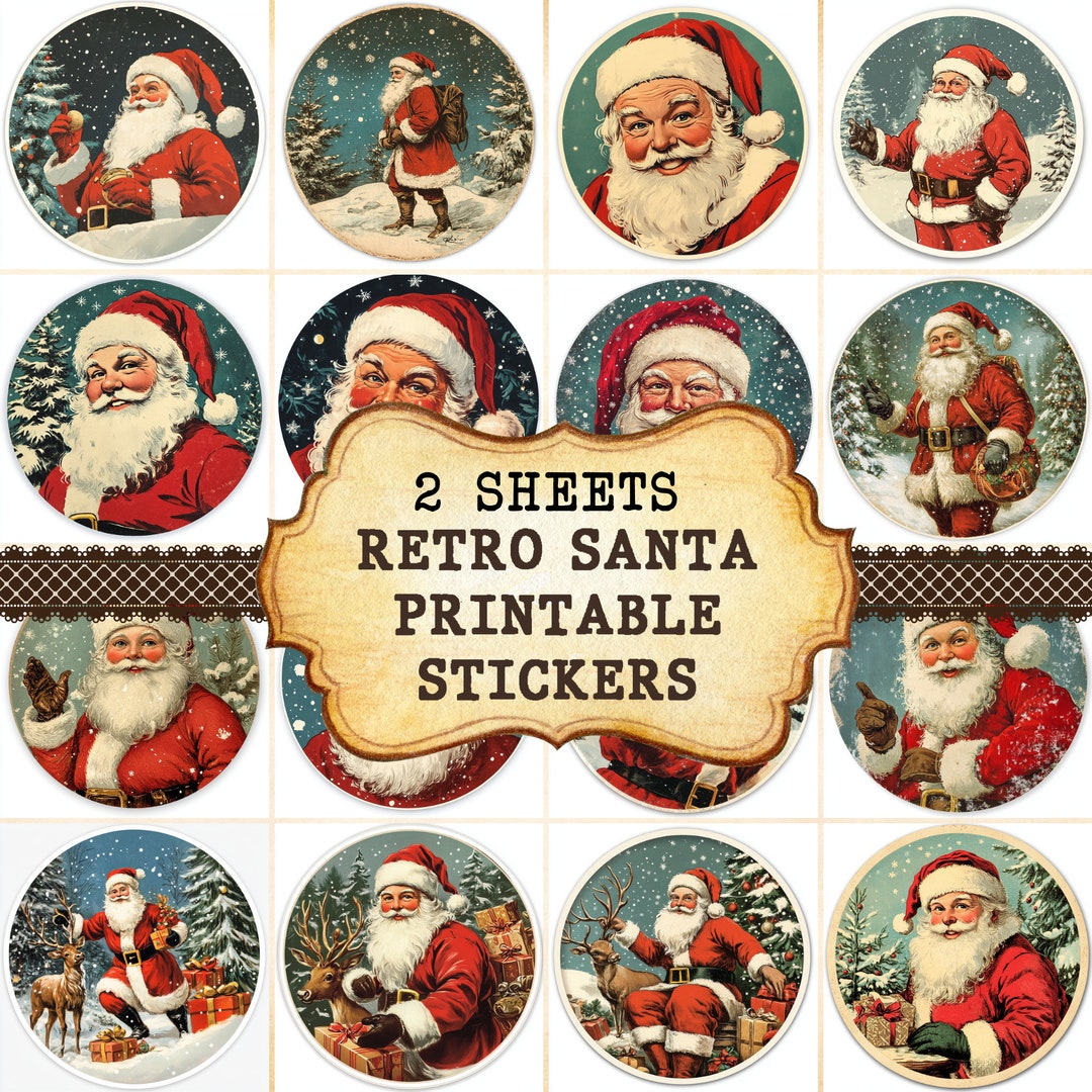 Retro Santa Claus Printable Sticker Sheets, Vintage Junk Journal ...
