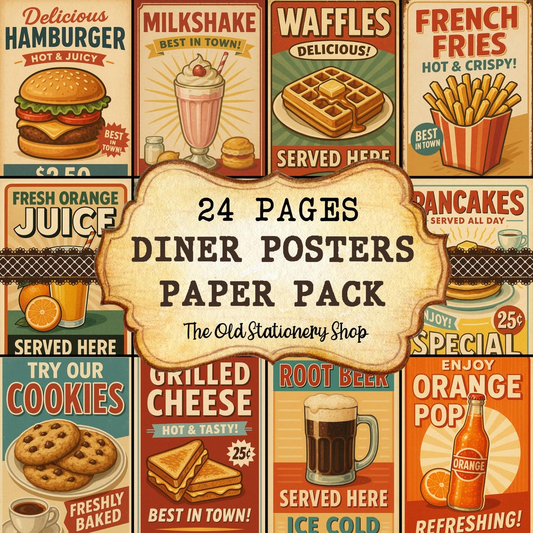 Retro Diner Posters Paper Pack, Printable Junk Journal Pages, 1950's ...