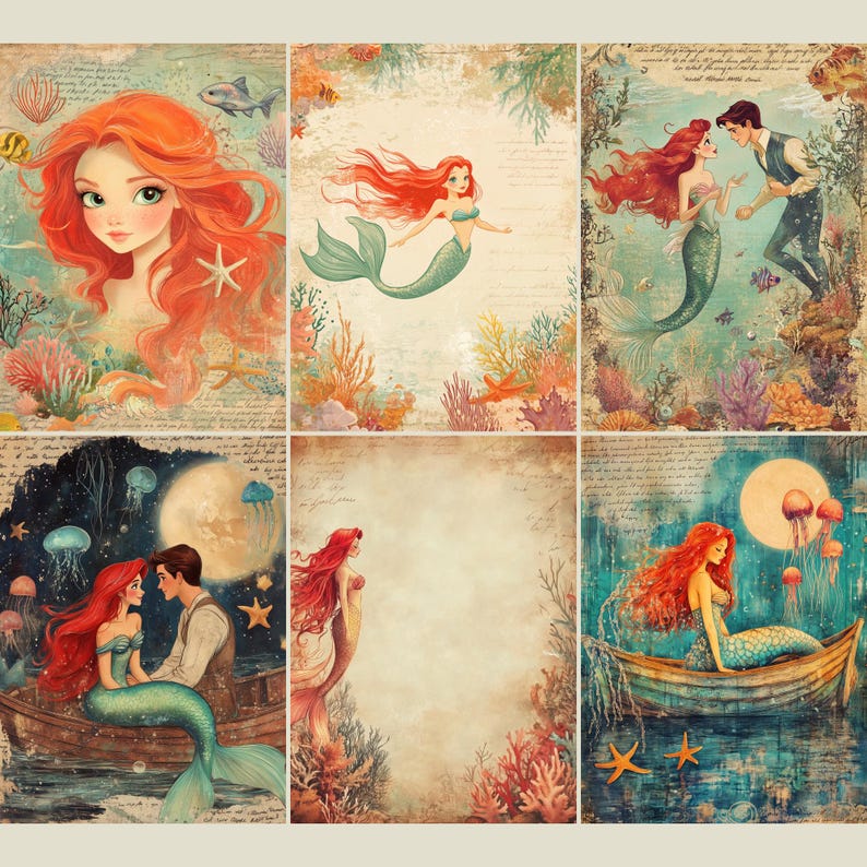 Little Mermaid Paper Pack, 18 Pages Vintage Fairytale Printable Junk ...