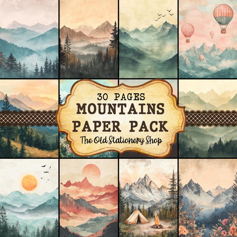 Mountains Paper Pack, 30 Pages Printable Junk Journal, Vintage Ephemera ...