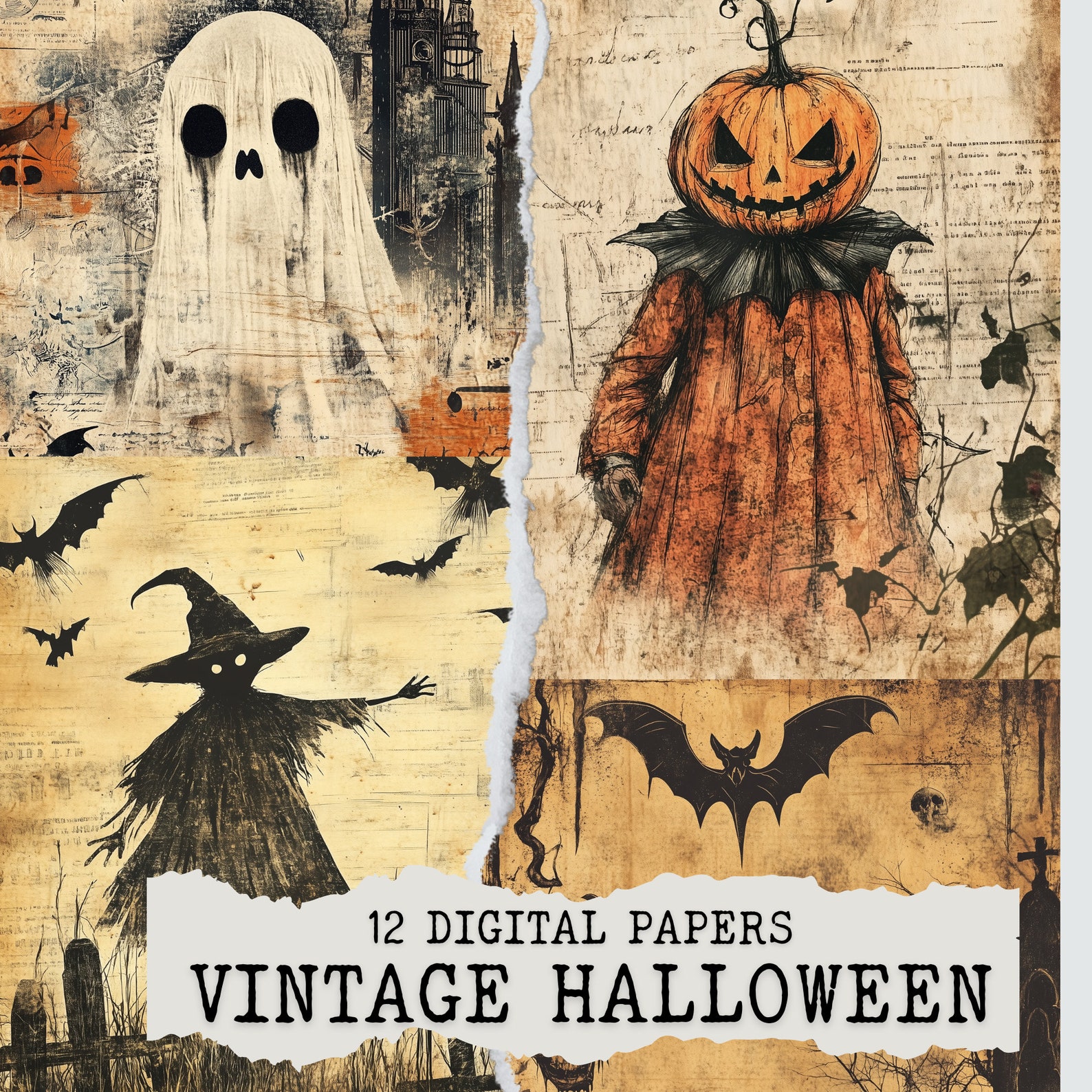 Halloween Paper Pack, Set of 12 Printable Stationery Sheets, Vintage ...