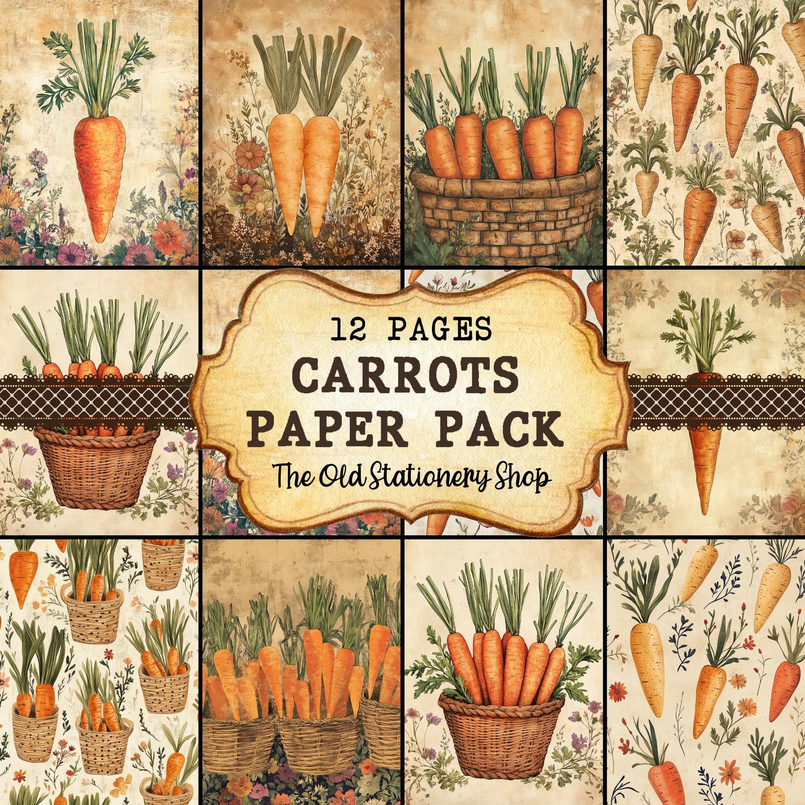 Carrots Paper Pack, 12 Pages Printable Junk Journal, Vintage Vegetable ...