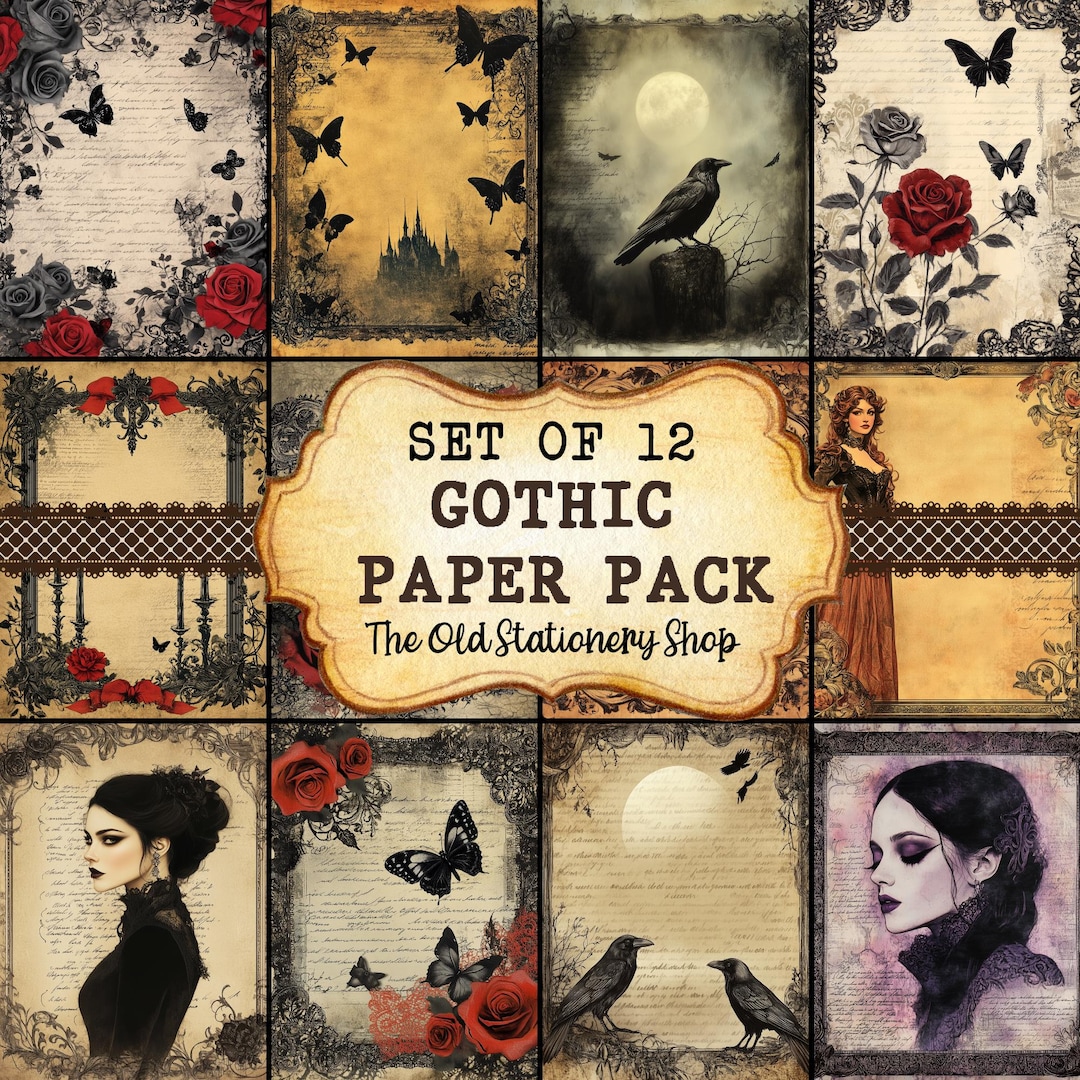 Gothic Paper Pack, Set of 12 Printable Stationery Sheets, Vintage ...