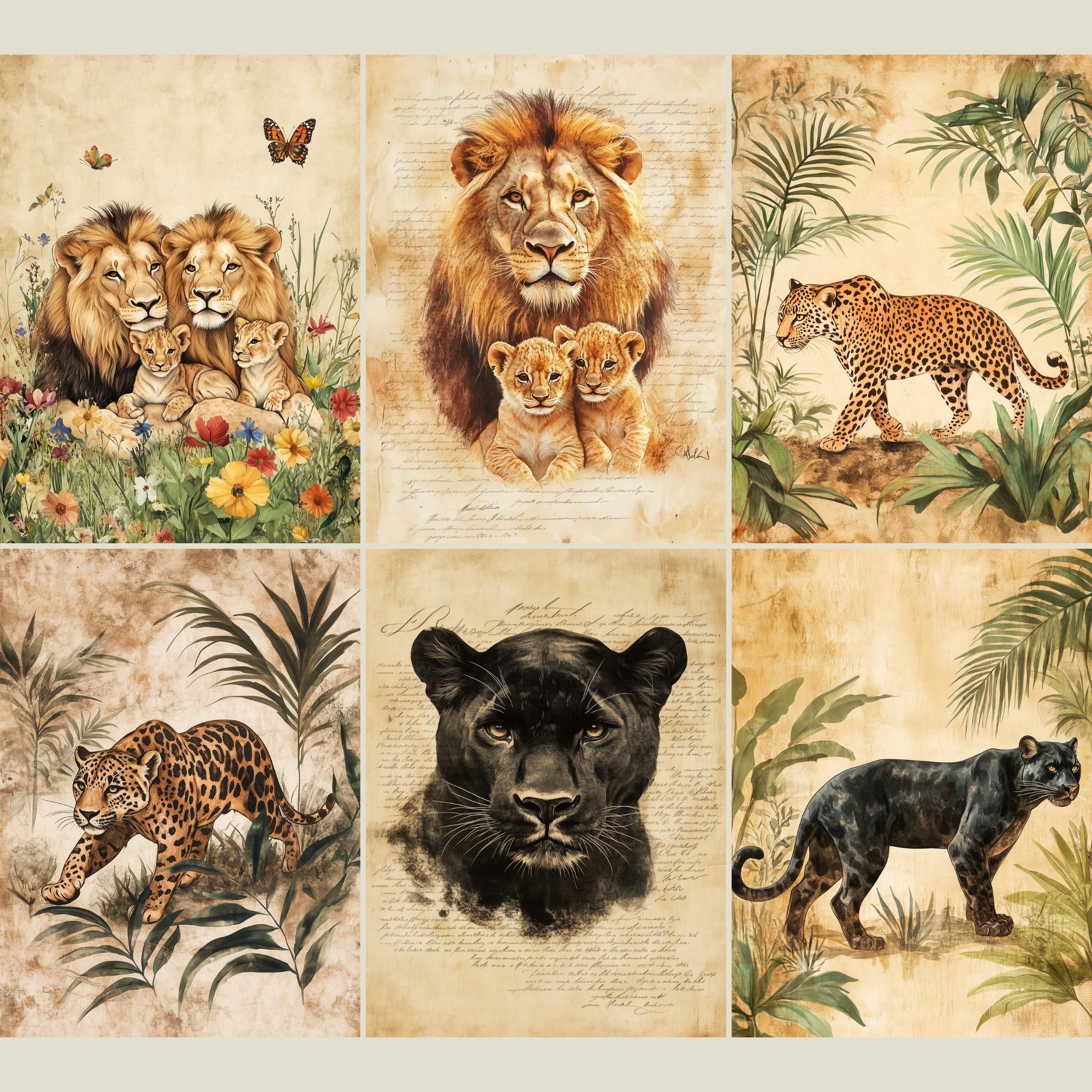 Feline Paper Pack, 24 Printable Vintage Junk Journal Pages, Tiger Lion ...
