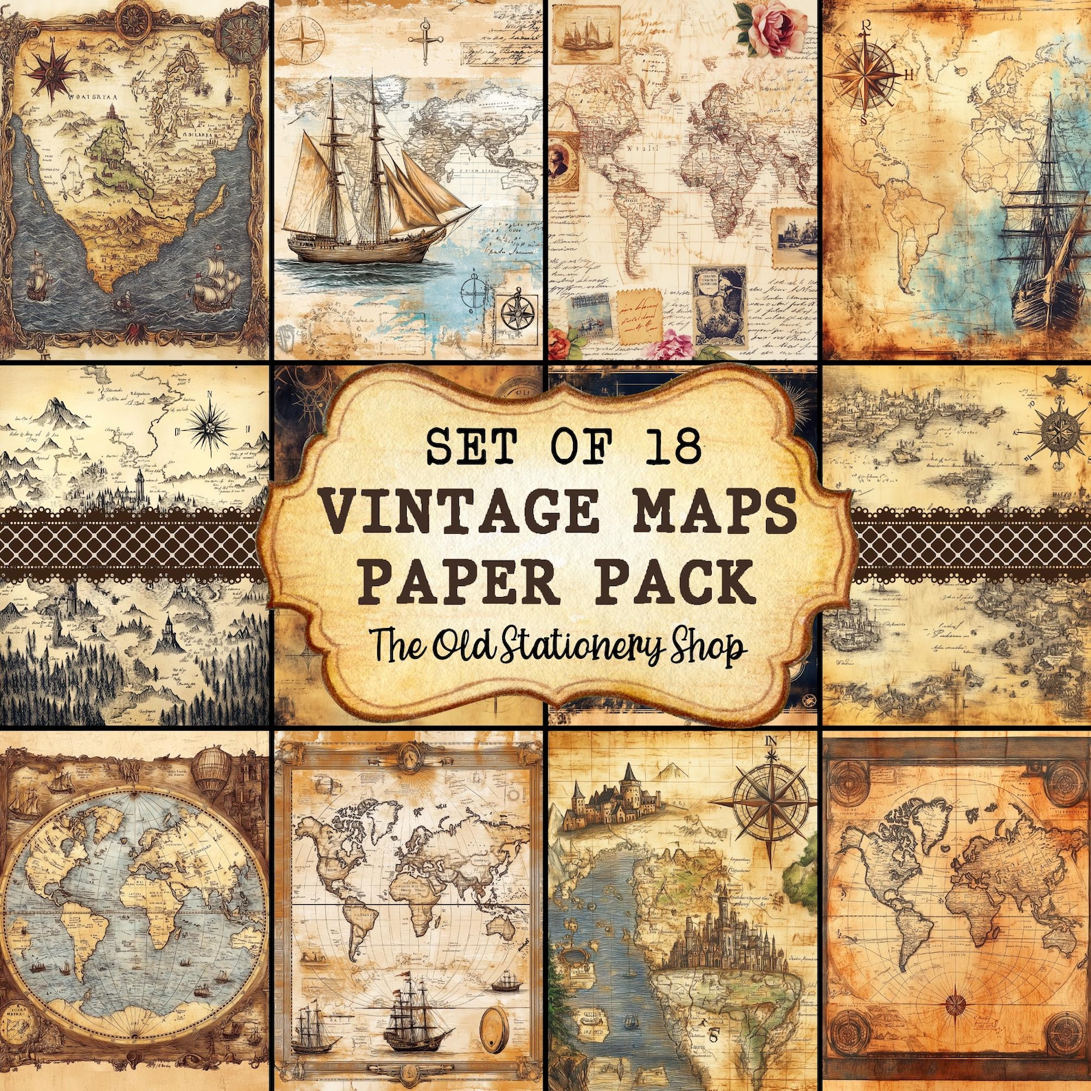 Vintage Maps Paper Pack, Set of 18 Printable Junk Journal Pages ...