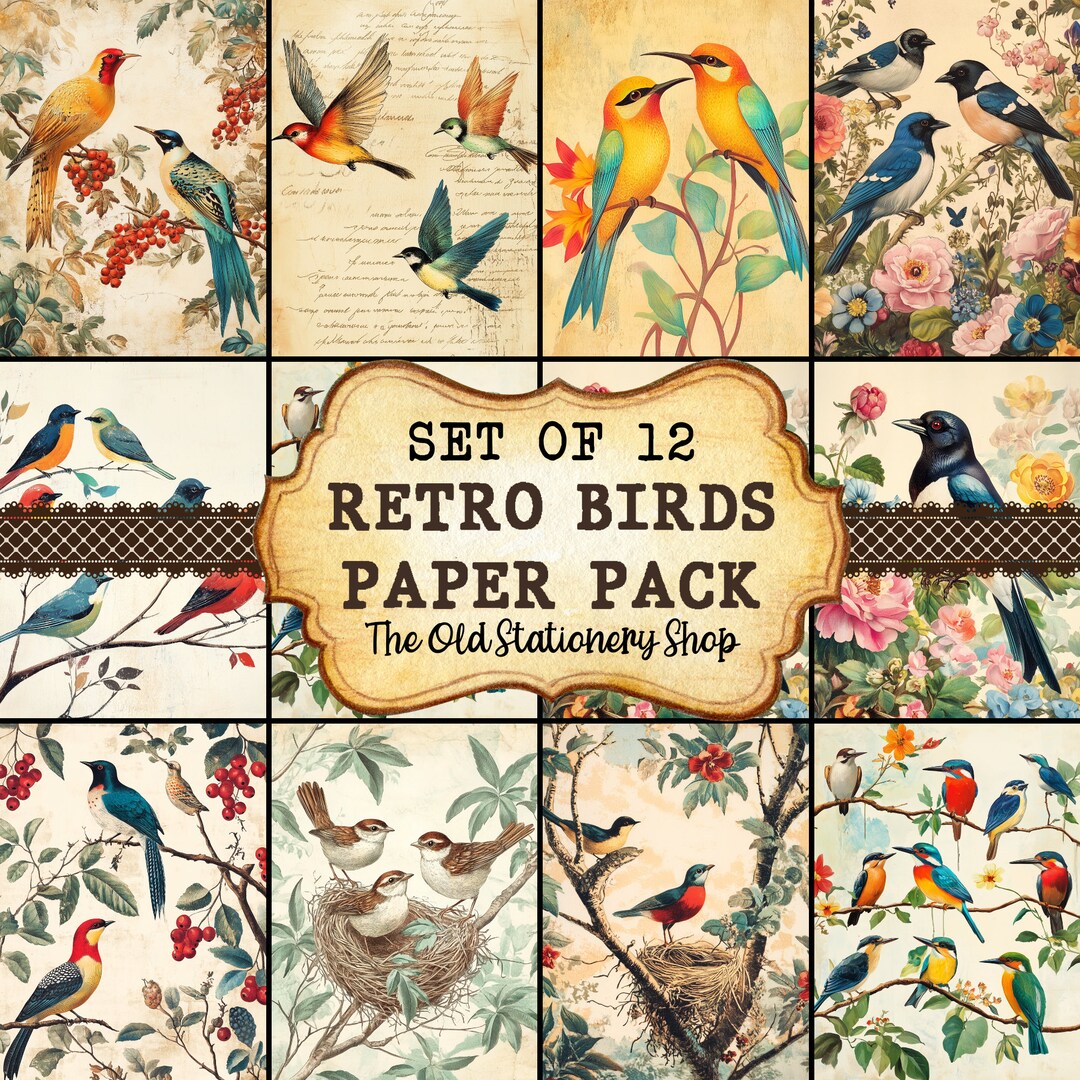 Retro Birds Printable Paper Pack Stationery Sheets Vintage Ephemera ...