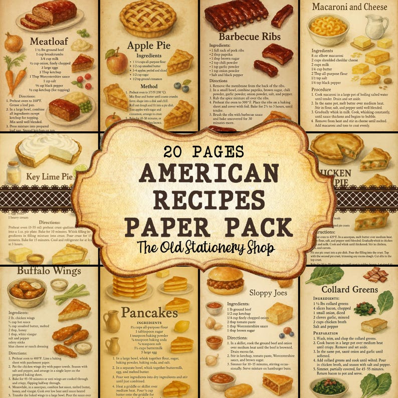 Classic American Recipes Paper Pack, Vintage Junk Journal Pages, Food ...