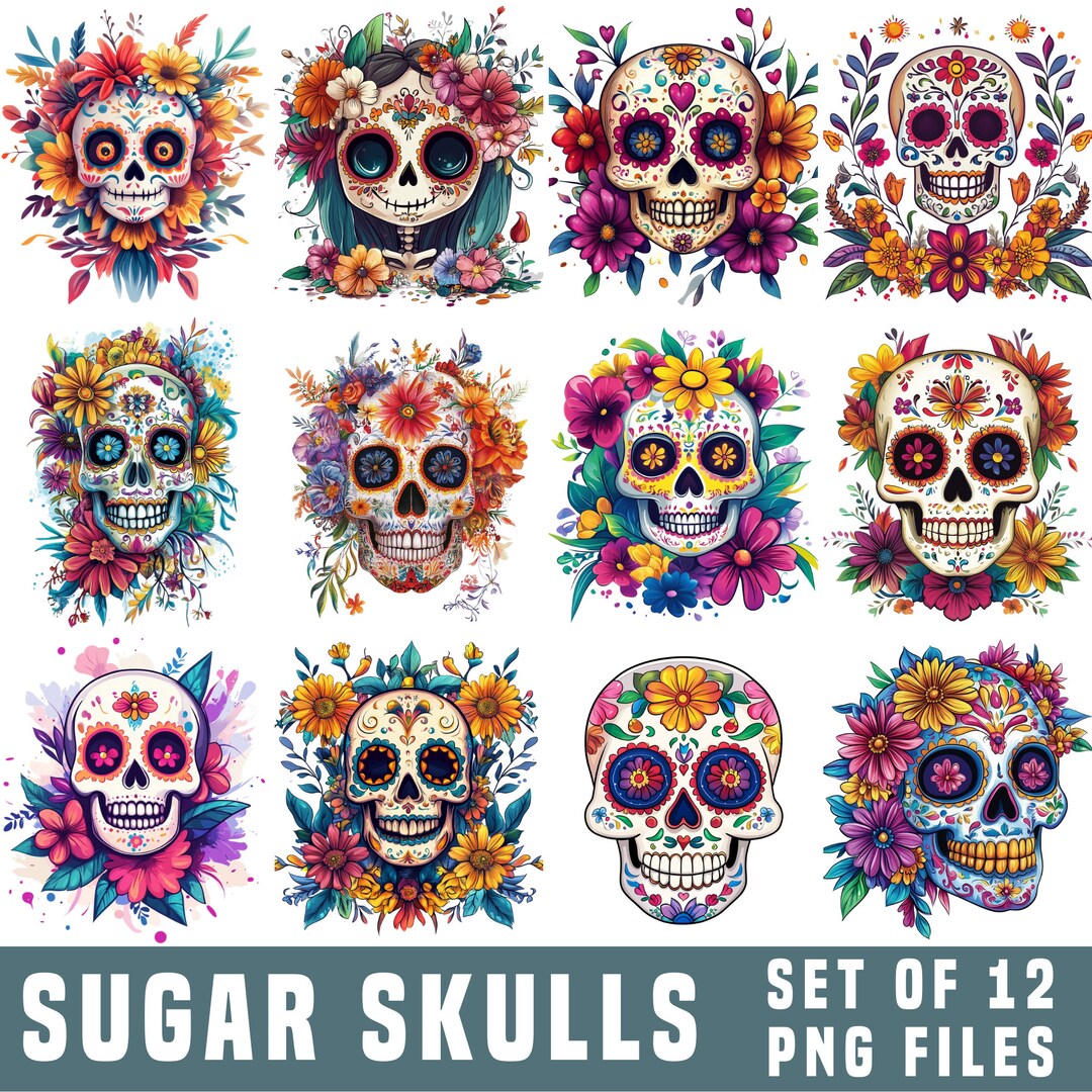 Sugar Skull PNG Bundle, Set of 12 Printable Sugar Skulls, Dia De Los ...