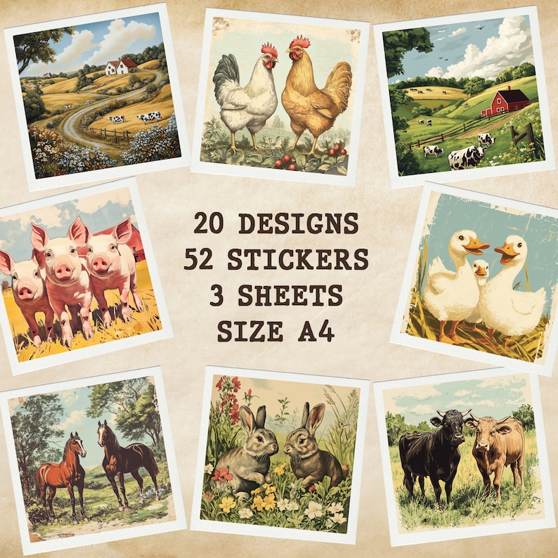 Farm Animals Printable Sticker Sheets Vintage Junk Journal Printable ...