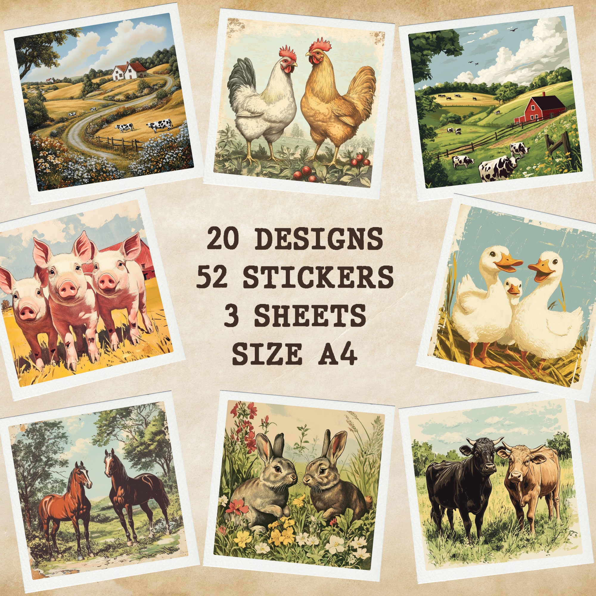 Farm Animals Printable Sticker Sheets Vintage Junk Journal Printable ...