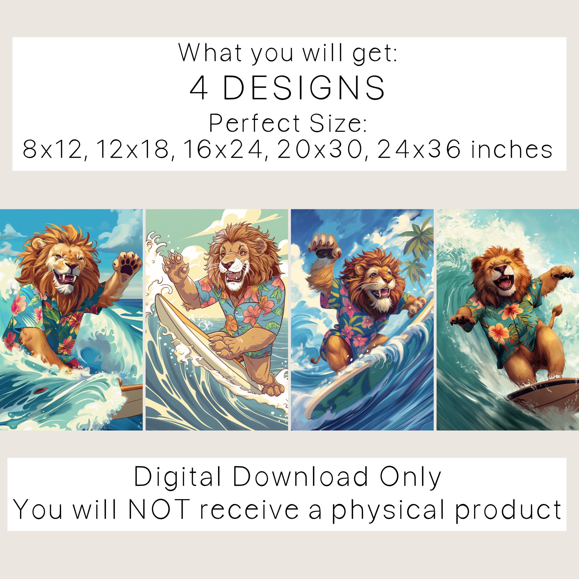 Surfer Lion Printable Lion Wall Art Print Funny Beach House Print Cute ...