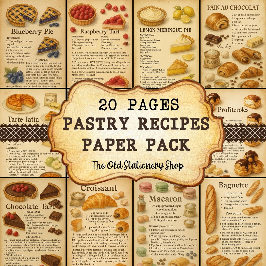 Pastry Recipes Paper Pack, 20 Pages Printable Baking Junk Journal ...