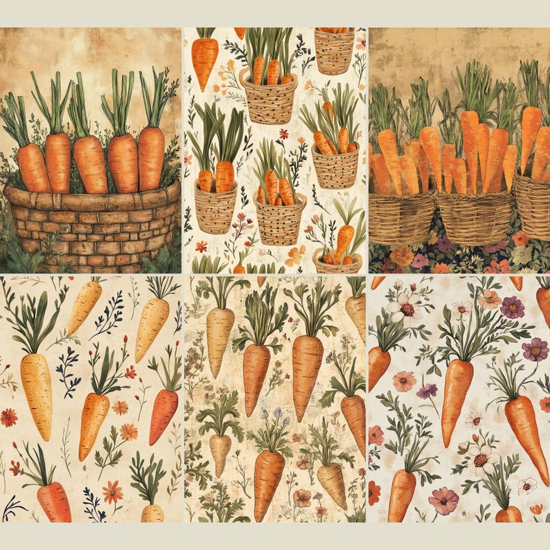 Carrots Paper Pack, 12 Pages Printable Junk Journal, Vintage Vegetable ...
