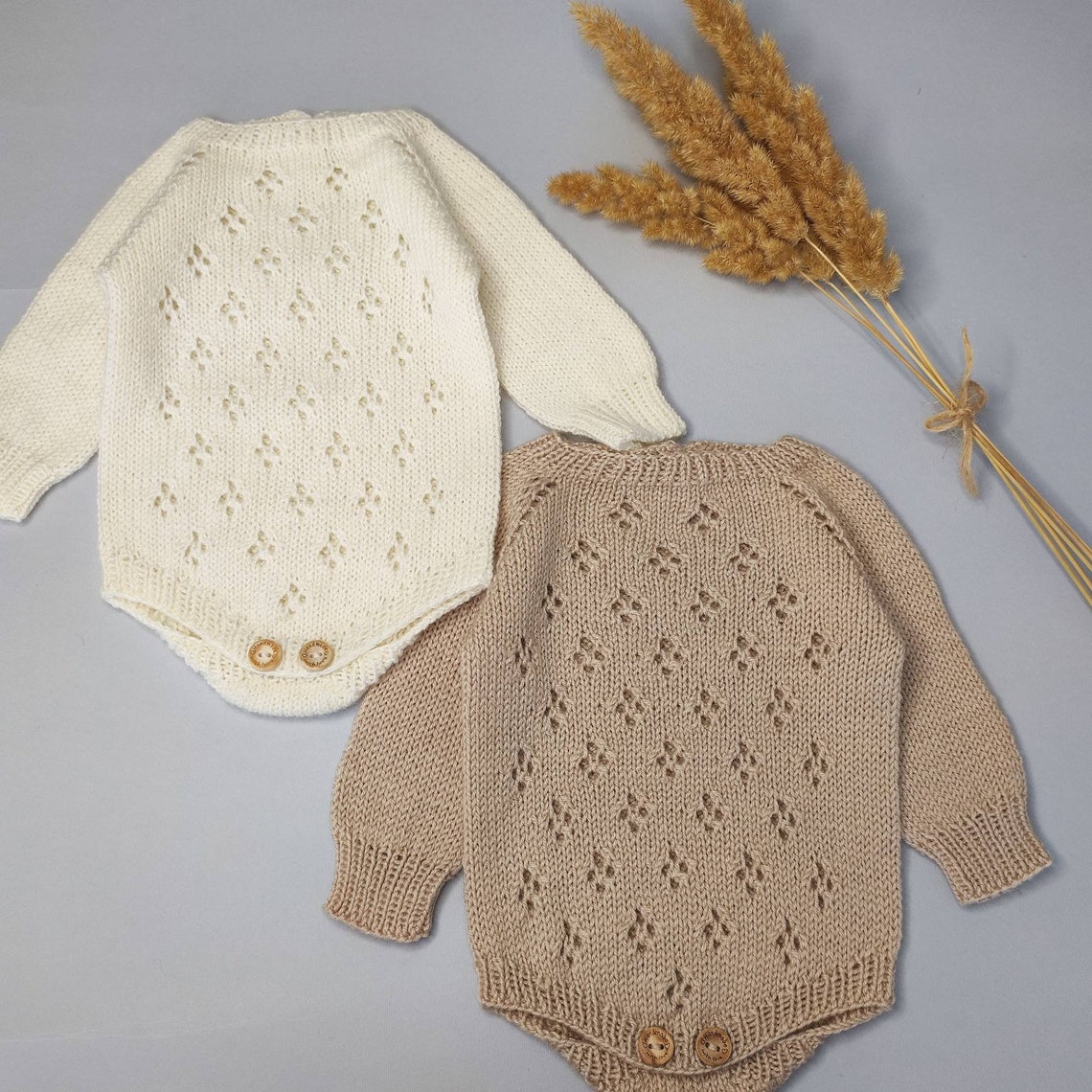 Hand Knit Baby Romper With Ornament/ Wool Baby Bodysuit With Ornament ...