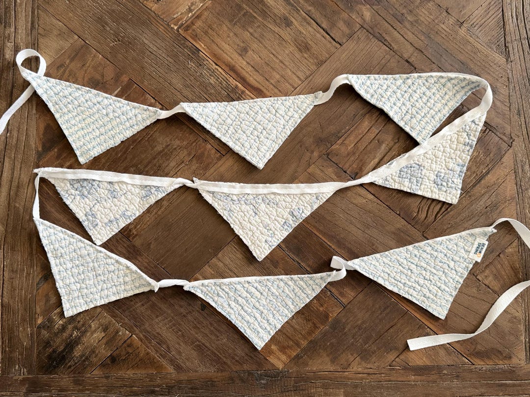 Repurposed Blue Pinstripe & Toile Quilt Pennant Banner – 9 Double-sided ...