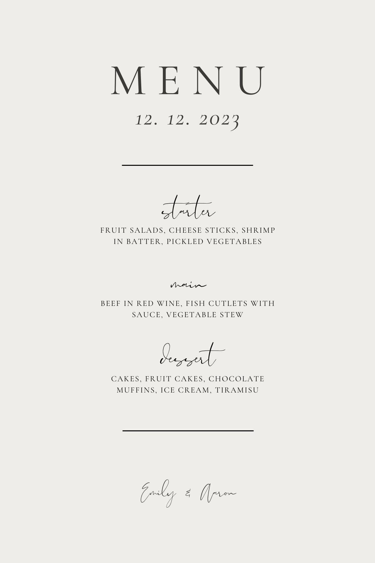 Elegant Wedding Food Menu Template | 4 Size Options: 2x5, 4x6, 5x7 ...