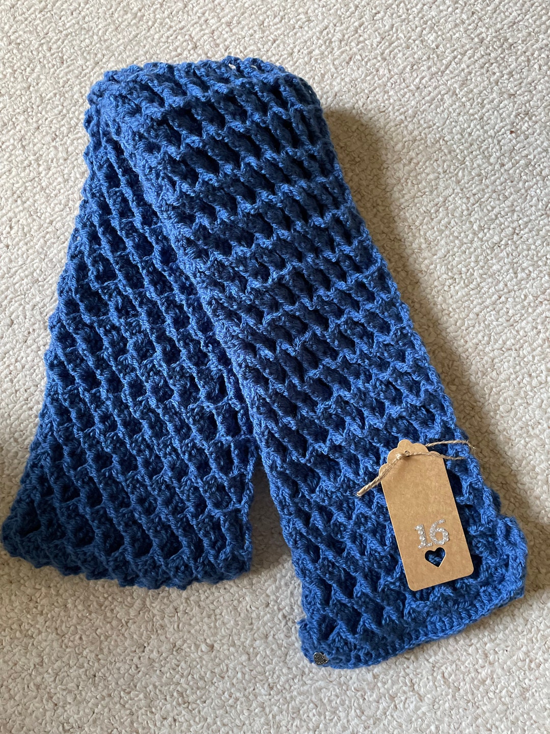 Blue Crocheted Wool Scarf - Etsy