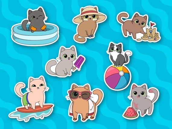 Summer Kitties Waterproof Glossy Vinyl Cat Stickers | Etsy