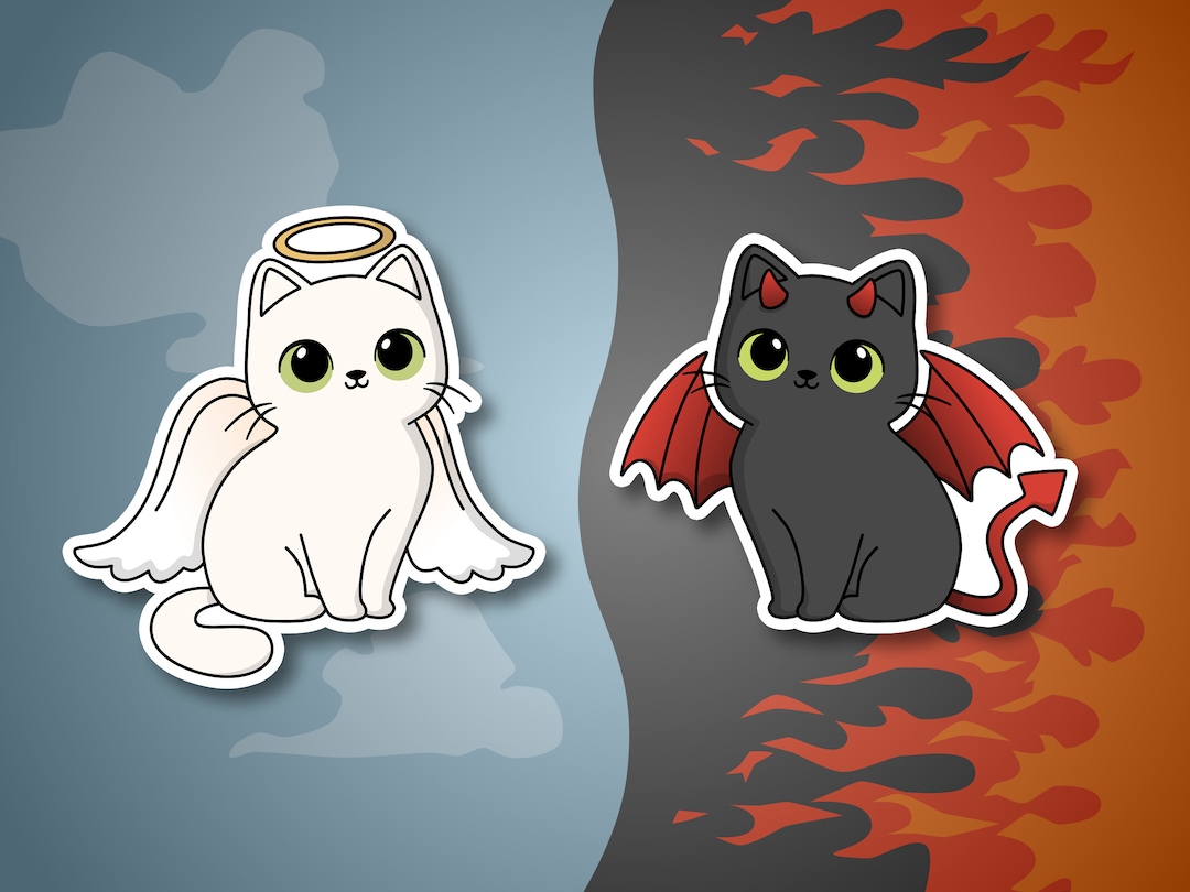 Angel and Devil Kitty - Waterproof Glossy Vinyl Set of 2 Cat Stickers ...