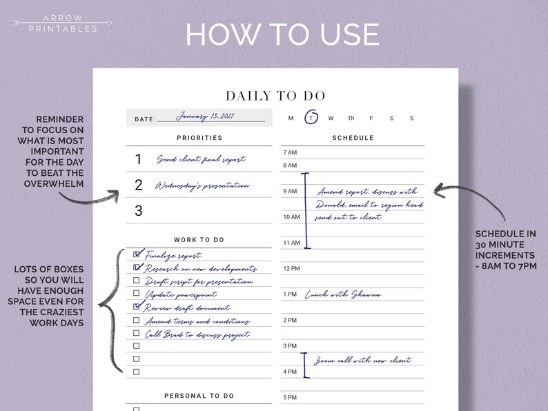 WORK: Daily to Do (with Time Schedule) | Printable | Minimal ...