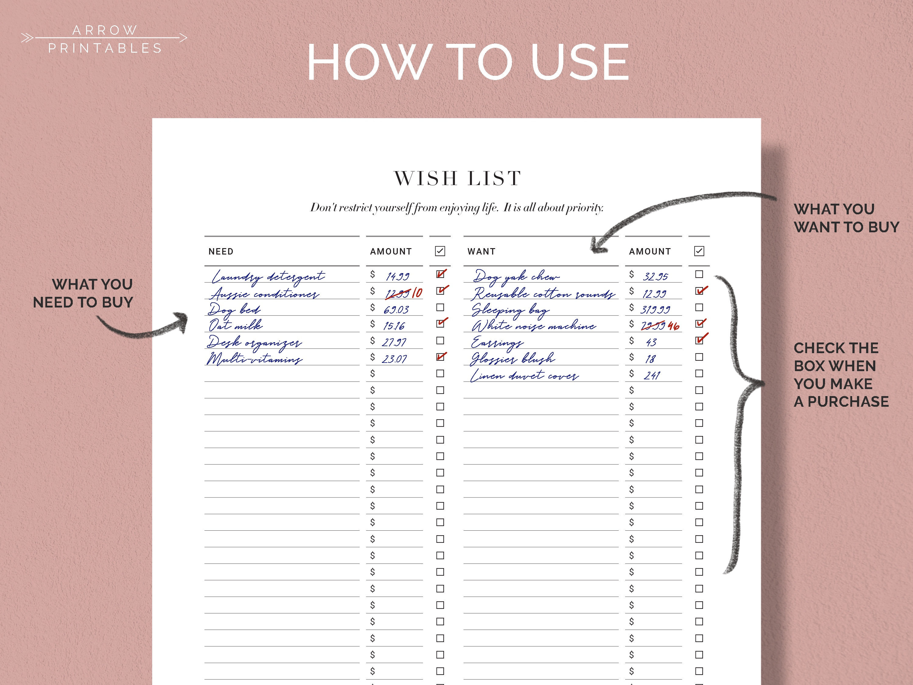 Wish List Printable Wants vs. Needs Minimal Organization A4 & US Letter ...