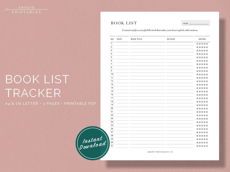 Book List Tracker | Printable | Organization | A4 & US Letter | Instant ...